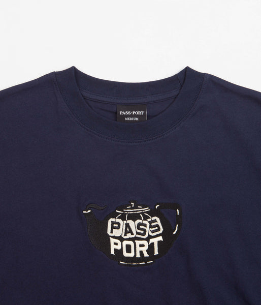 Pass Port Tea Pot Embroidery T Shirt Navy Flatspot