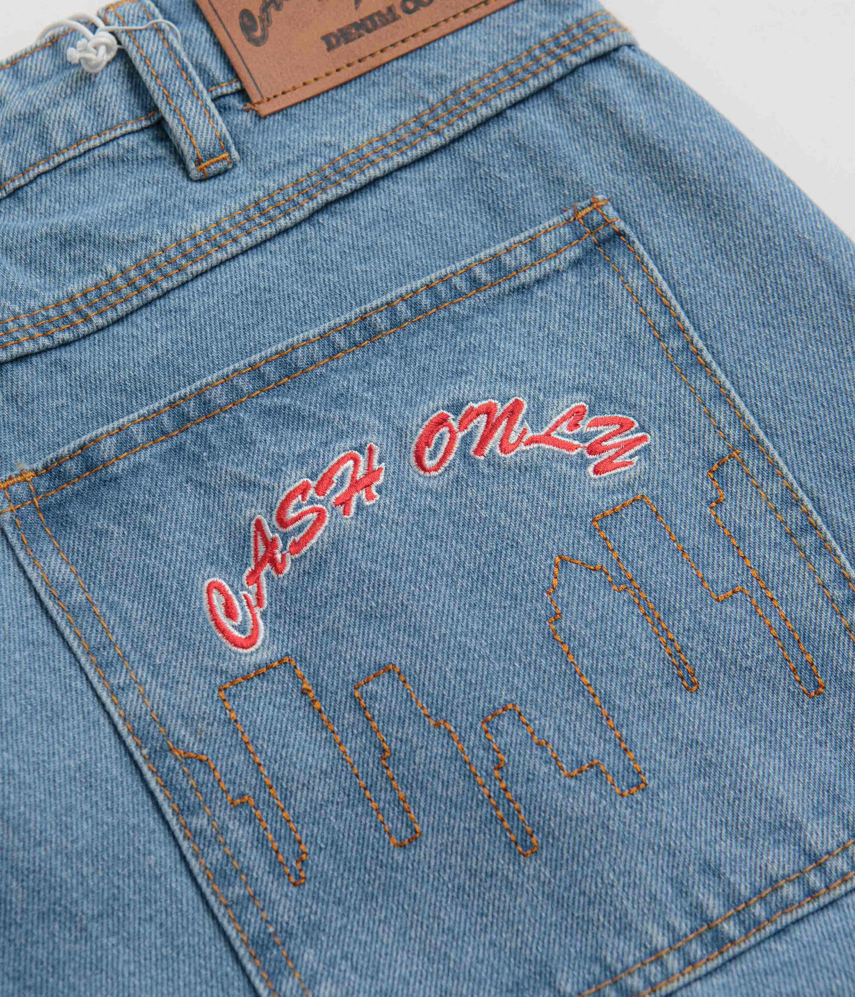 Cash Only Logo Baggy Jeans - Washed Indigo / Red | Flatspot