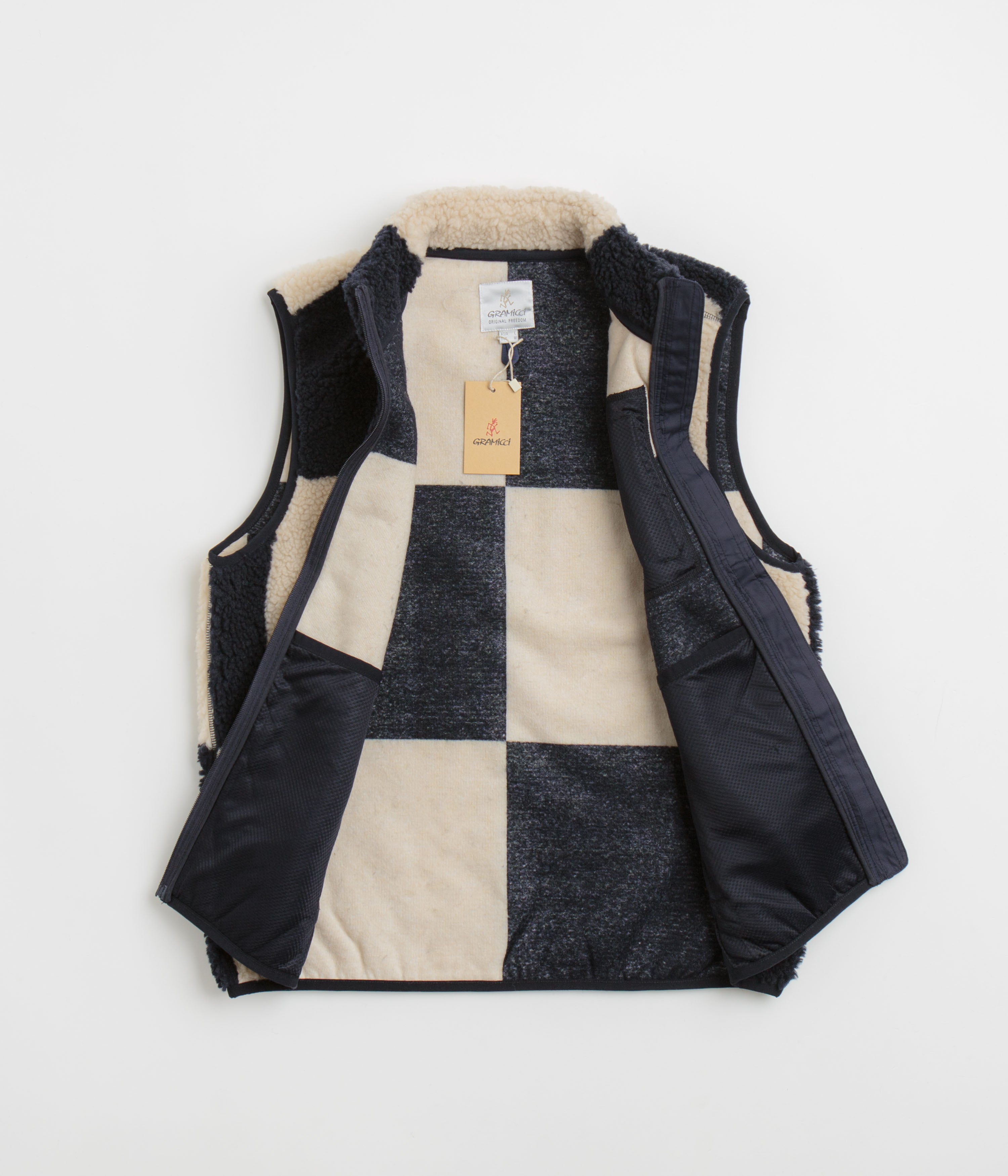 Gramicci Checkered Sherpa Vest - Natural / Navy Check | Flatspot